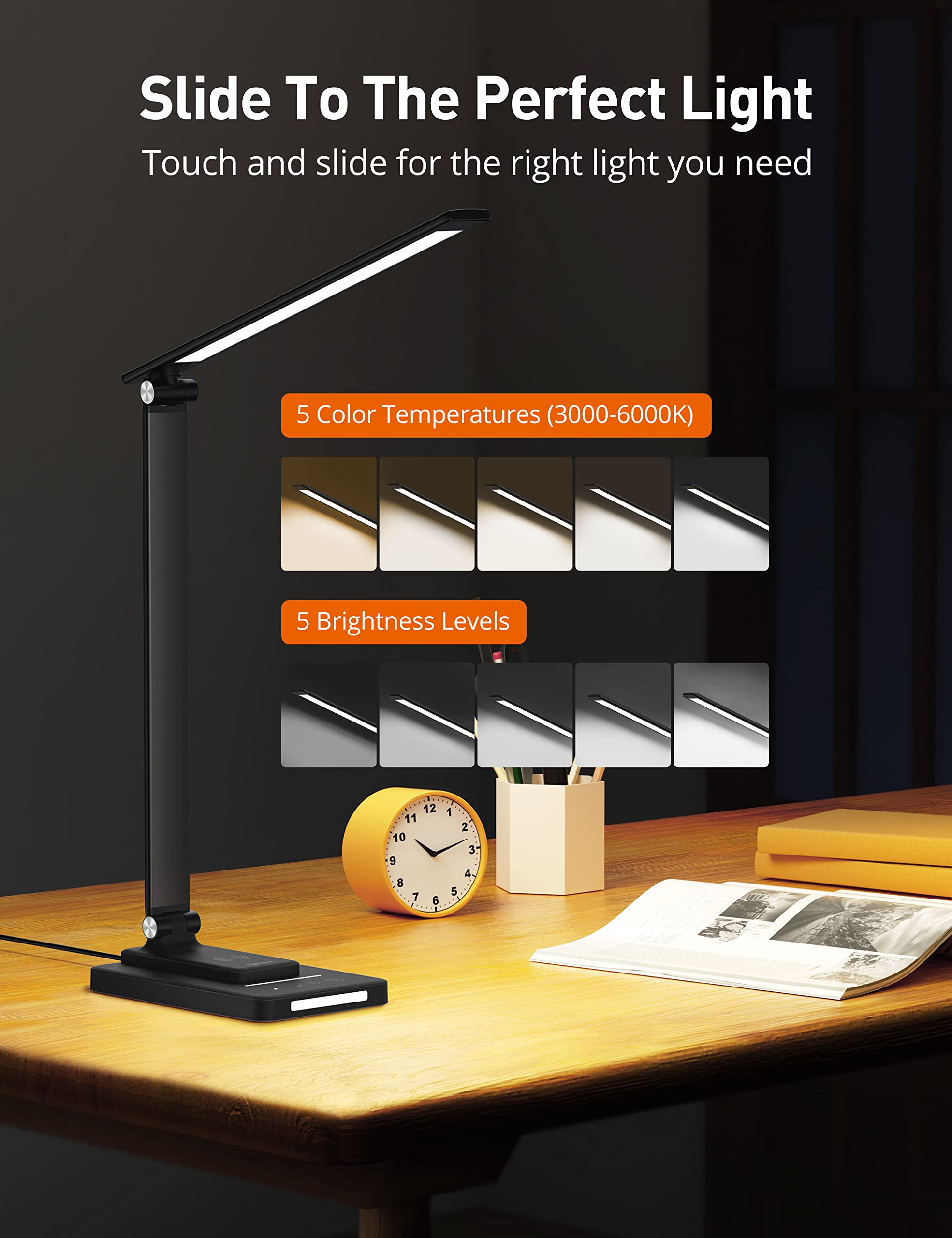 sympa LED Desk Lamp, Desk Lamp with Wireless Charger, Dimmable Desk Light with 25 Light Modes, Study Lamp with Night Light, 60 Min Timer, 5S Delay, for Home Office