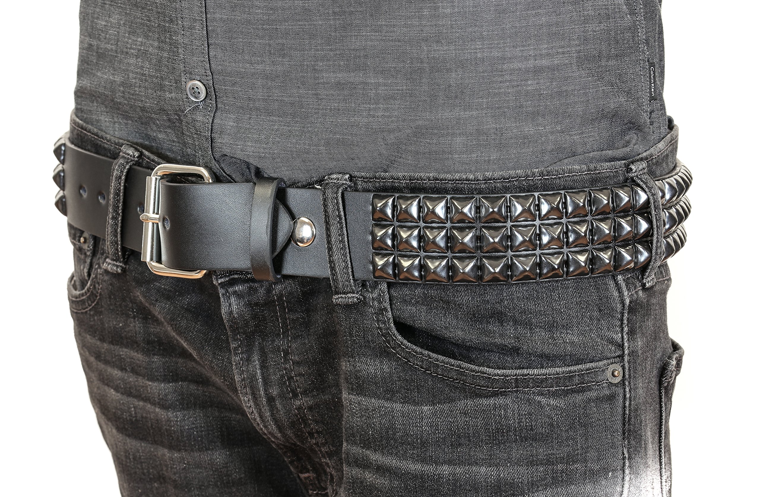 Three Row Black Pyramid Stud Belt Made In USA Genuine Leather Punk Goth Thrash Metal (XXXL-42)