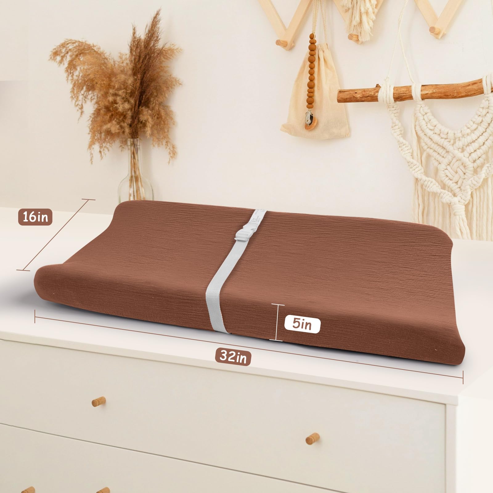 VYPERX Muslin Changing Pad Covers, Solid Color Changing Table Pad Cover, Ultra Soft Breathable Boho Changing Pad Sheets Fit for Standard Changing Pad 16" x 32", 3 Pack (White & Sand & Brown)