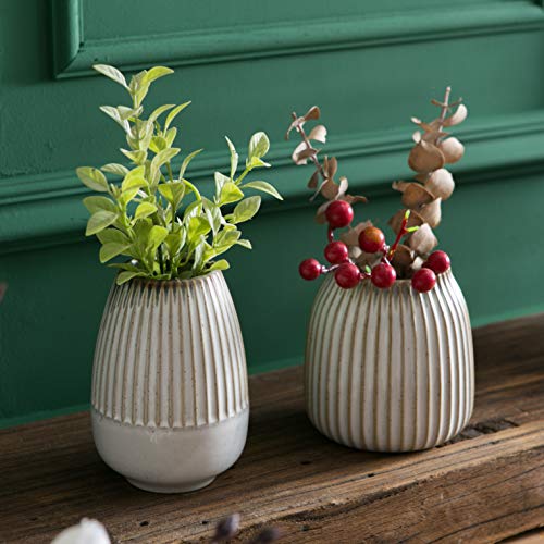 Vellarr Small White Ceramic Vase Set, Rattan Stripe Bud Vases Home Decor, Great for Decorative, Kitchen, Office or Living Room, (Set of 2 Vases)