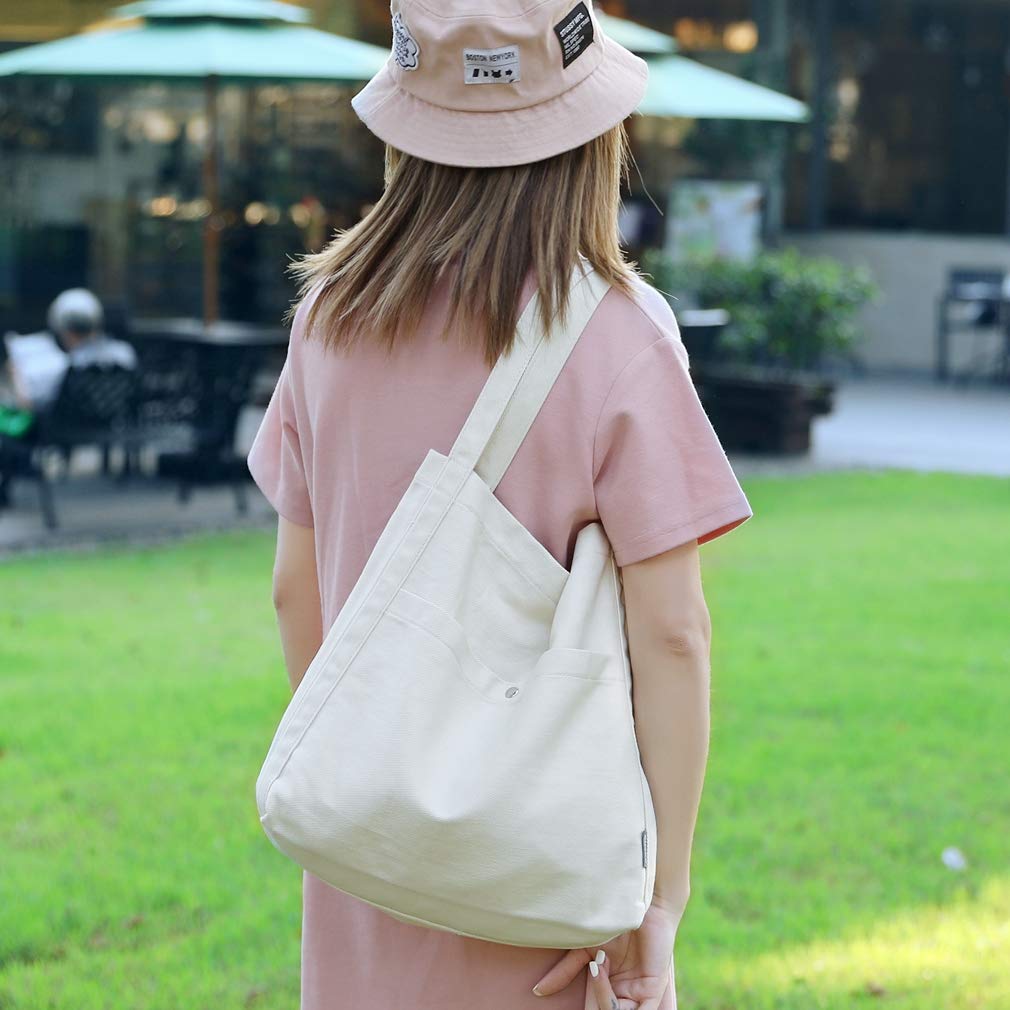 Women Canvas Shoulder Tote Bags Lightweight Hobo Handbags for Work School Top Handle Purse (White)