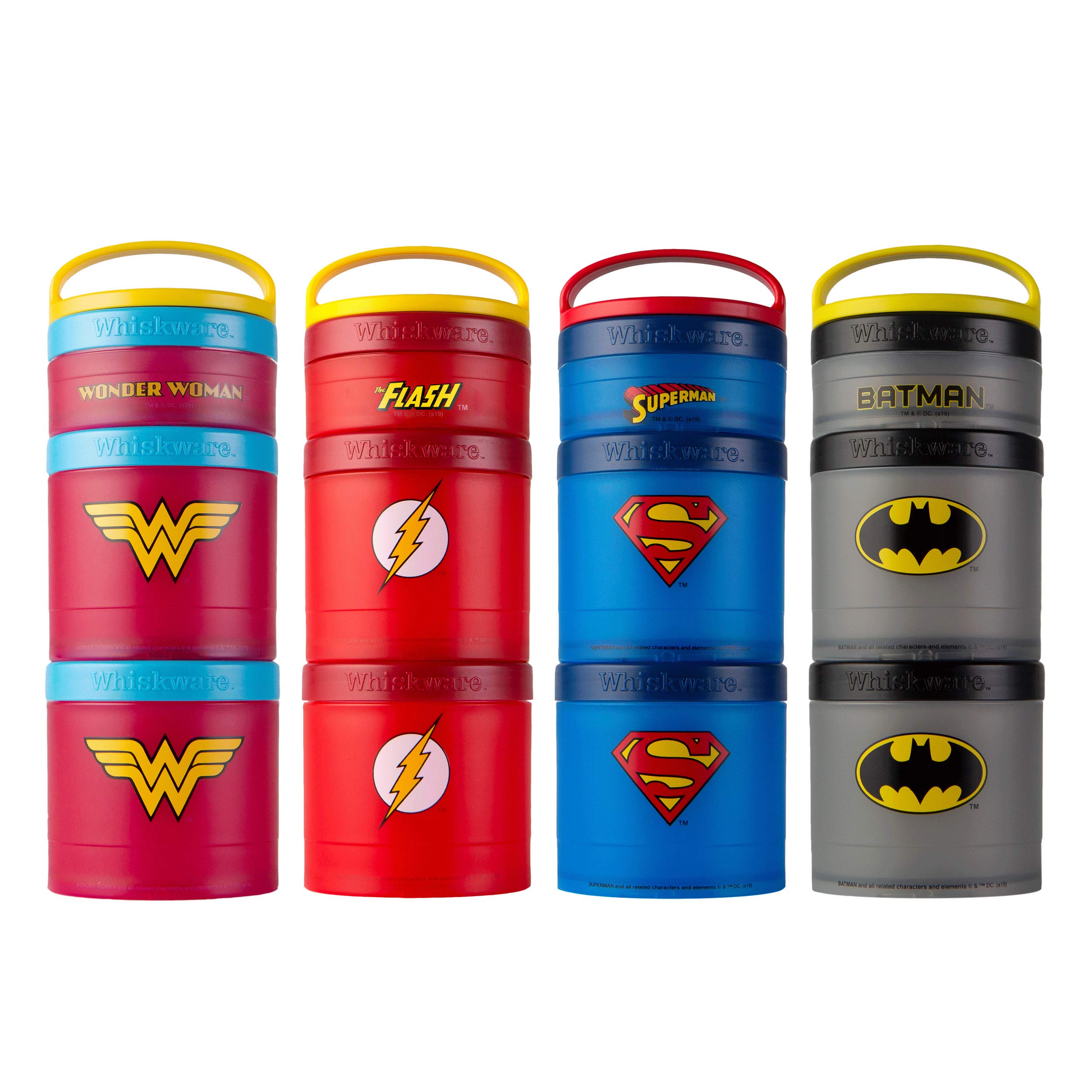 Whiskware Justice League Stackable Snack Containers for Kids and Toddlers, 3 Stackable Snack Cups for School or Travel, Wonder Woman Icon
