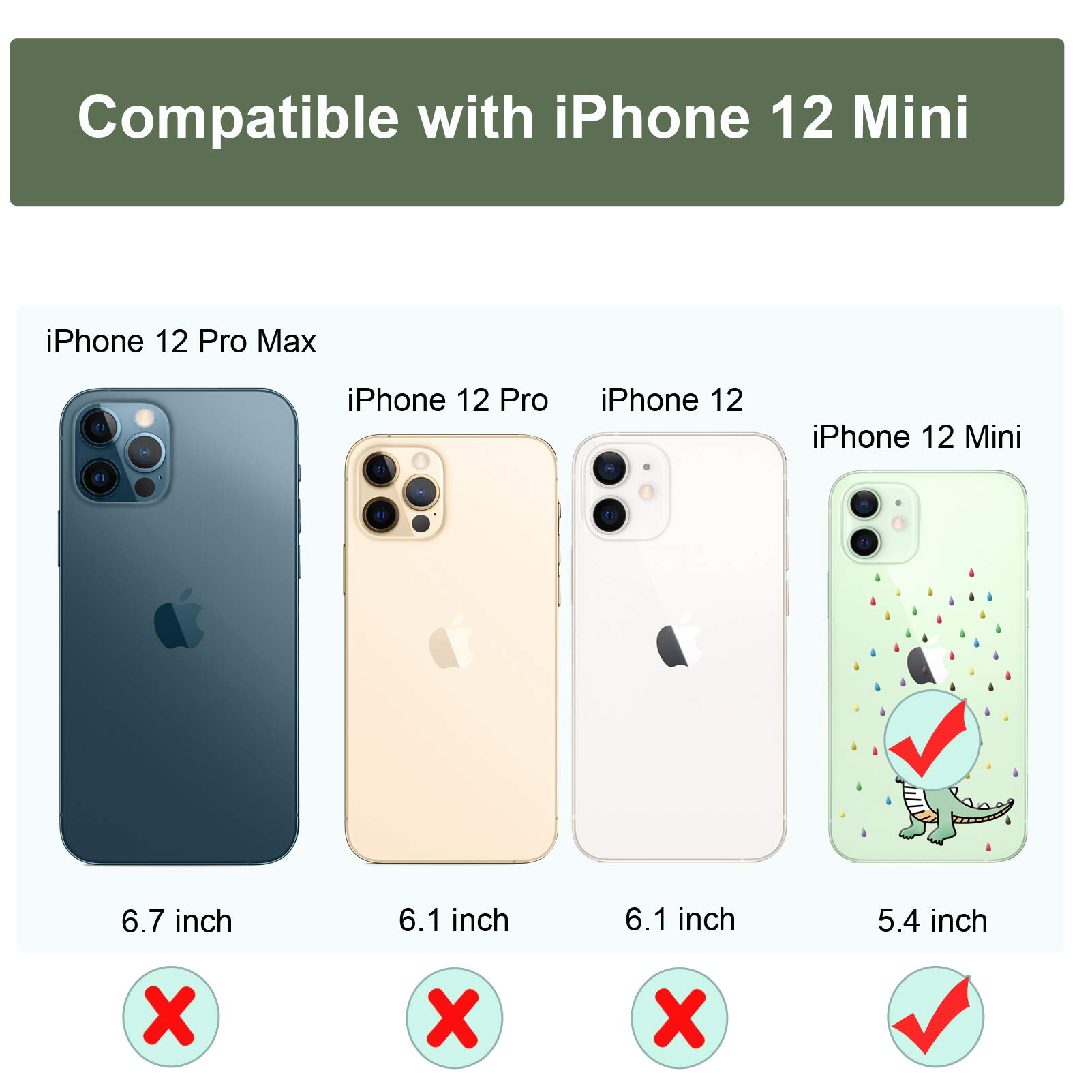 Unov Case Compatible with iPhone 12 Mini Case Clear with Design Slim Protective Soft TPU Bumper Embossed Pattern 5.4 Inch (Rainbow Dinosaur)