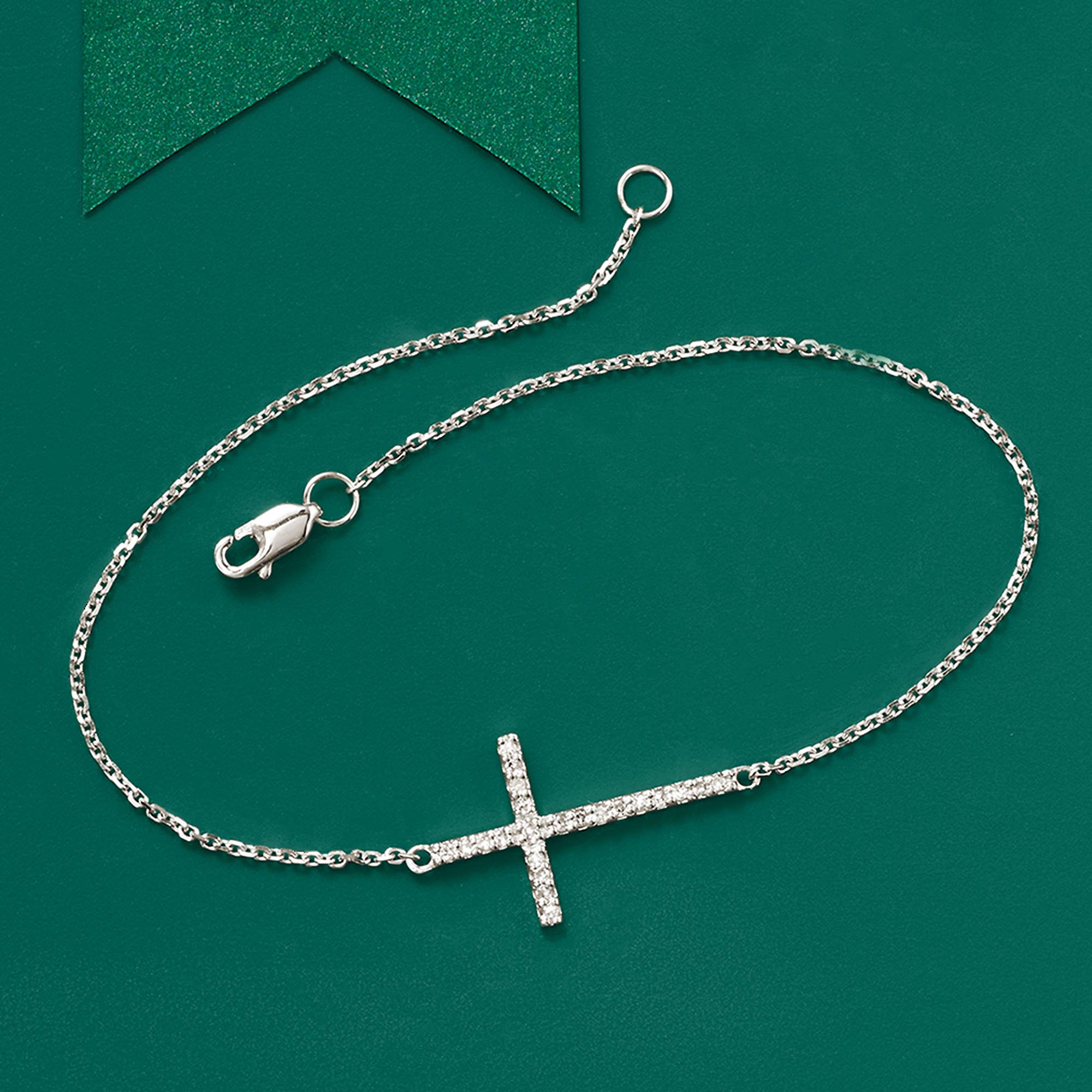 Ross-Simons Diamond-Accented Sideways Cross Bracelet in 14kt White Gold. 7 inches