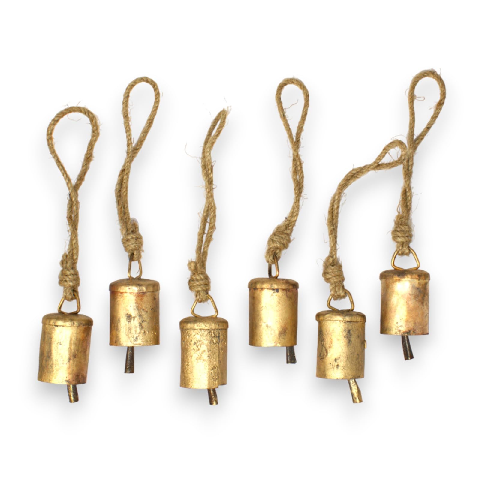 Set of 6 Vintage Antique Hanging Bells - Rustic Metal Handmade Lucky Cow Tin Tree Decoration with Rope - Perfect for Christmas or any Celebration