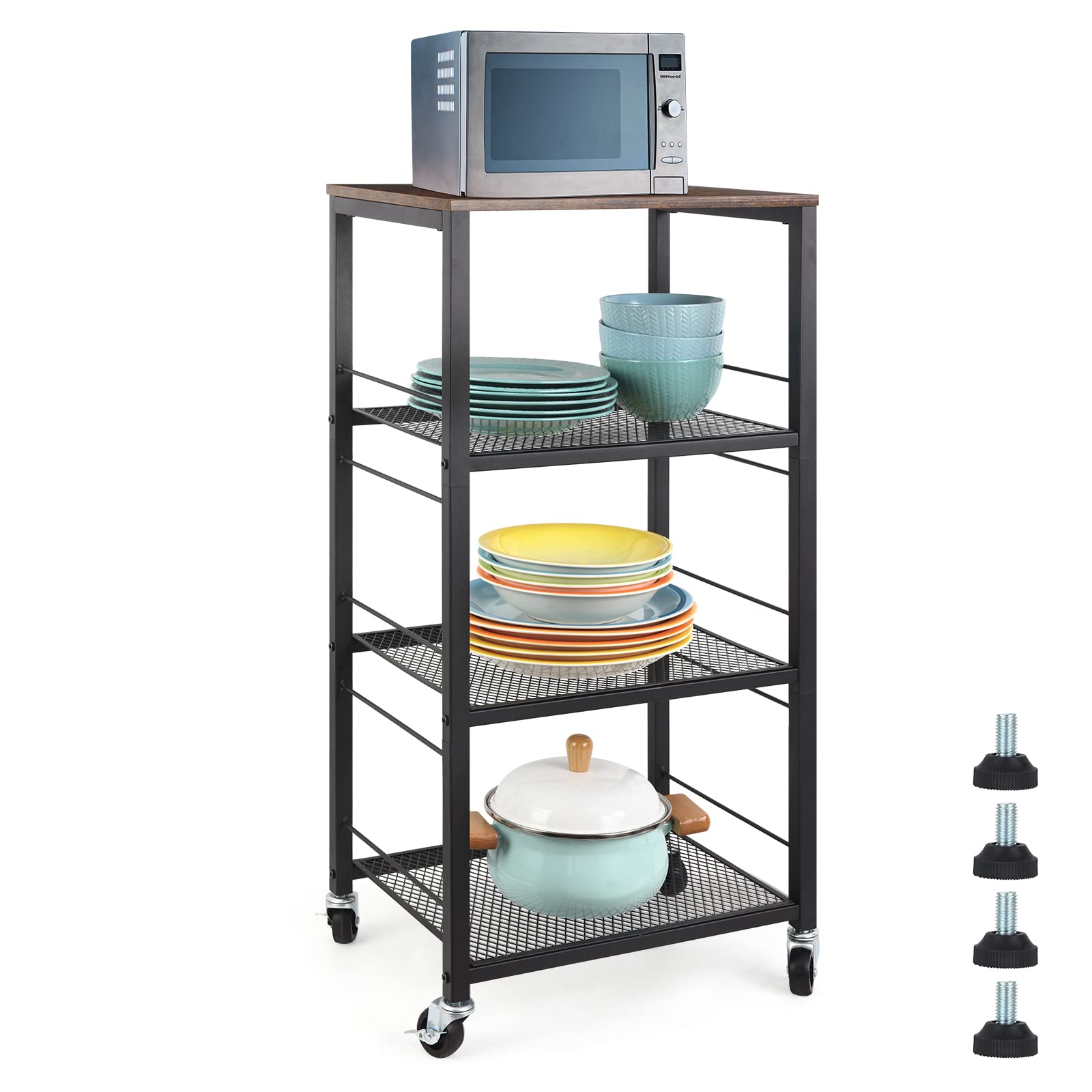 Vrisa Rolling Cart Kitchen Cart on Wheels 4 Tier Utility Microwave Oven Stand Mesh Metal Rolling Storage Cart Coffee Bar for Kitchen Bathroom Living Room Rustic