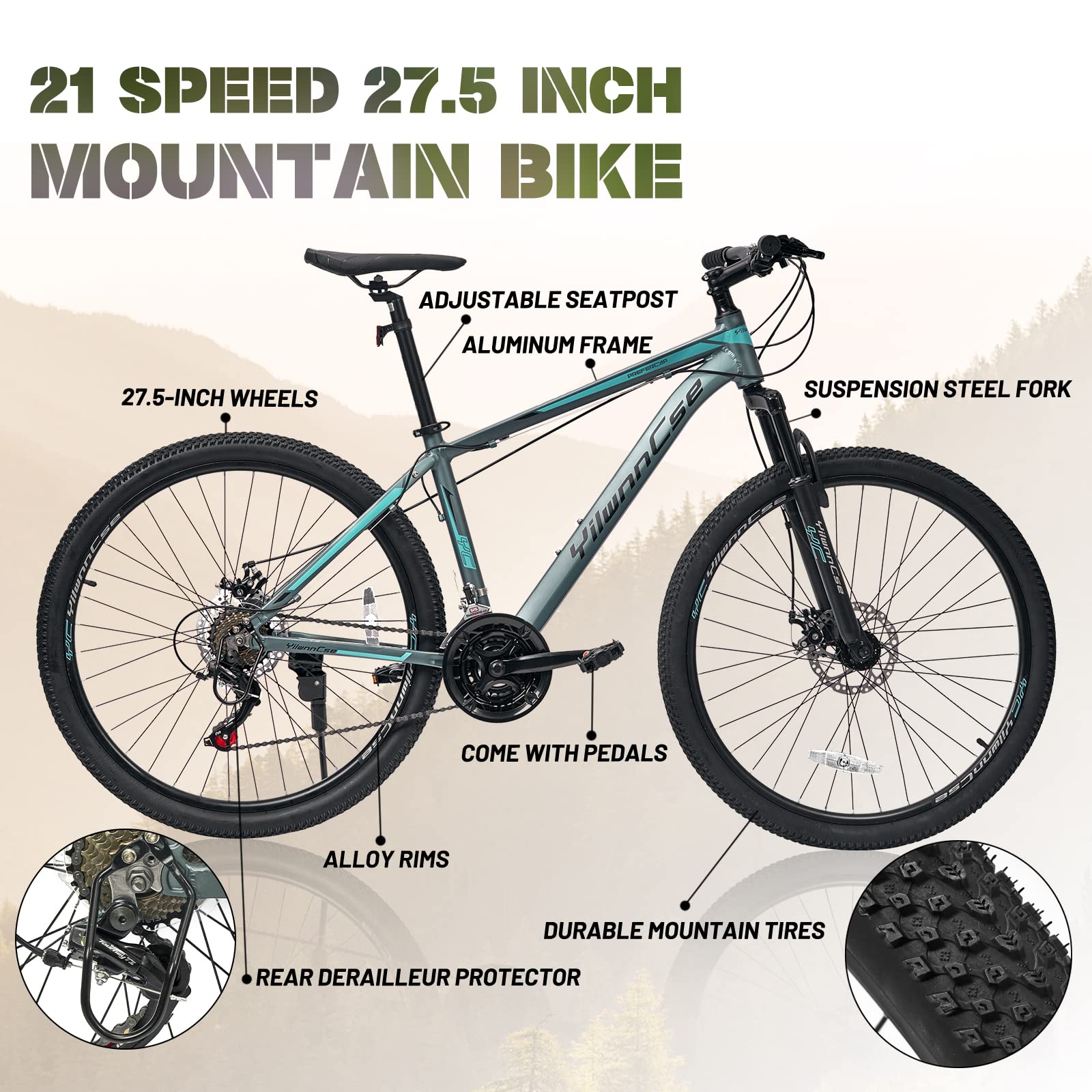 YilwnnCse 27.5 Inch Mountain Bike 21-Speed Bicycle, Aluminum Frame,Suspension Fork, Double Disc Brake (Gray)