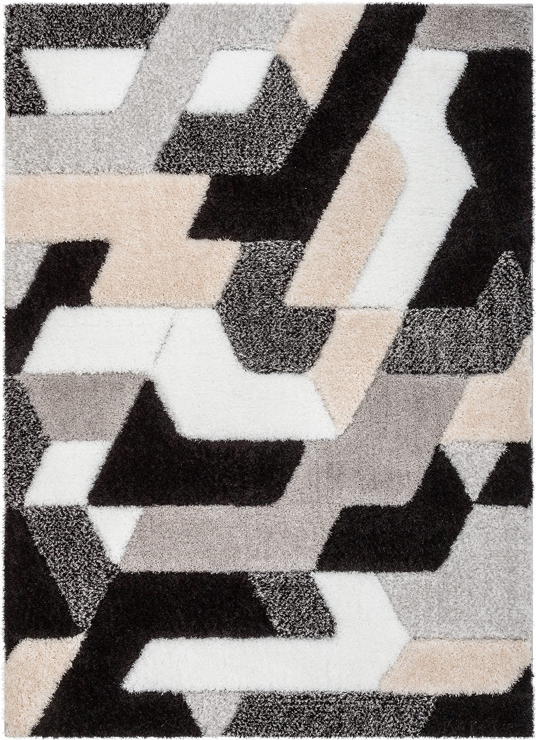 Well Woven Ahrim Grey & Black Thick & Soft Geometric Shag Area Rug 5x7 (5' x 7'3")