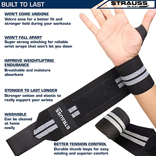 STRAUSS WL Cotton Gym Support, Pair (with Thumb Support), (Black/White) 2 Straps, (1Pair)