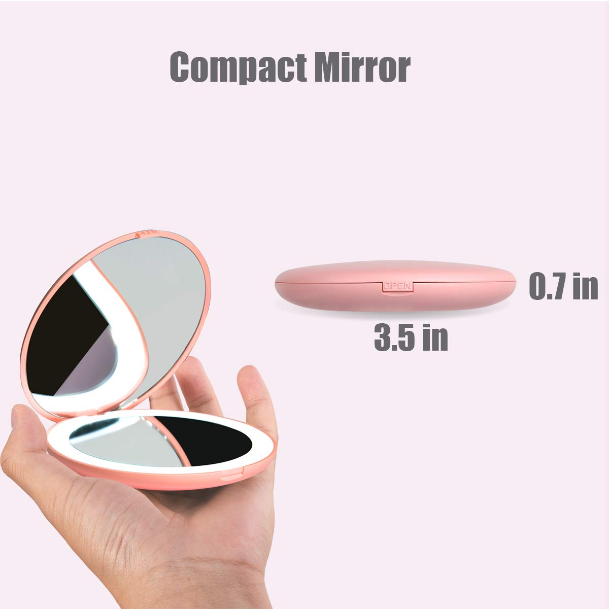 WOBANE LED Travel Makeup Mirror, 3.5 inch Lighted Compact Mirror, 10X Magnification, Handheld, Double Sided, Portable Folding Mirror for Pocket, Purse, Gift, Pink, Round