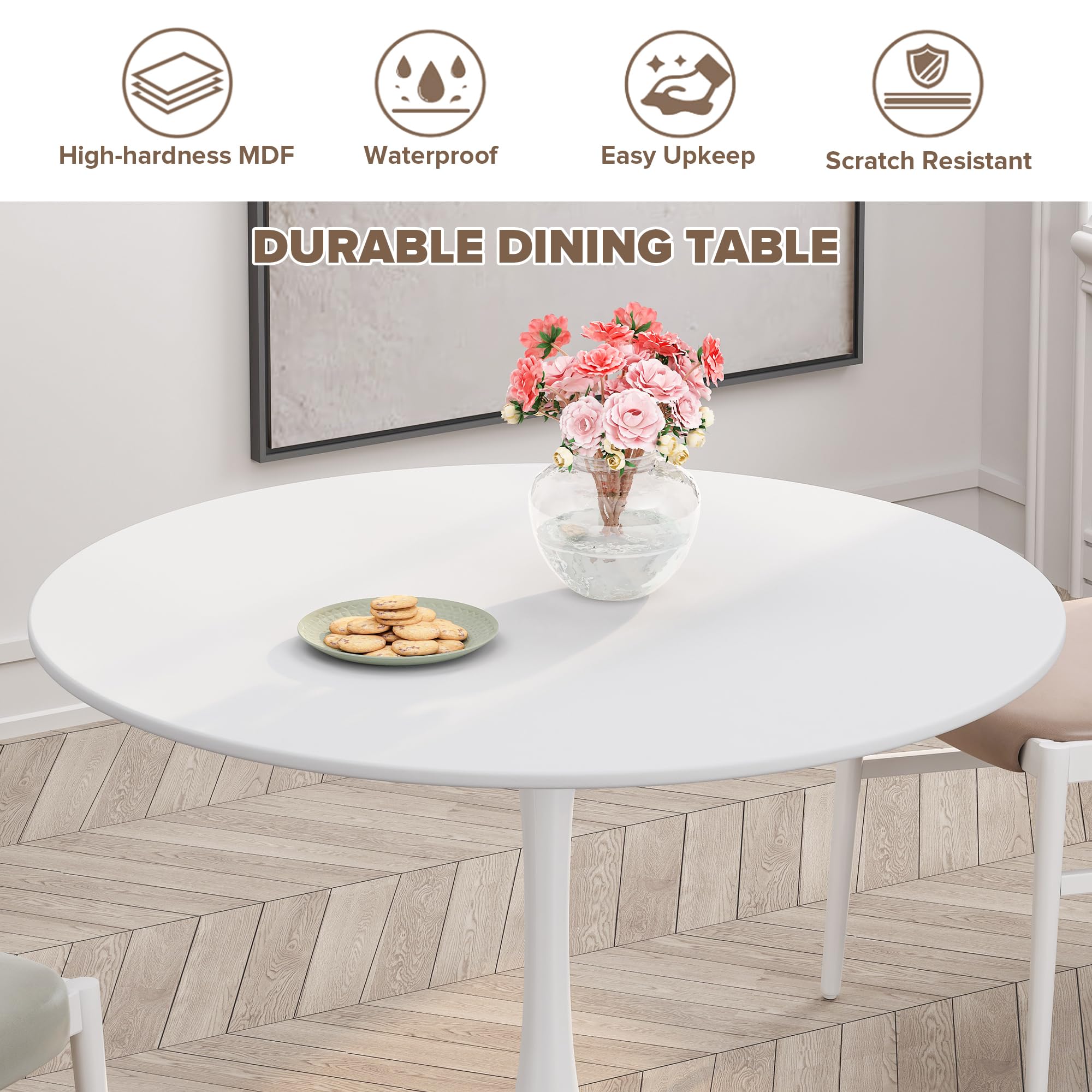 Ufurpie 42" Round Dining Table,Mid-Century White Tulip Table,Metal Base Pedestal Table for 4-6 Person,Easy Assembled End Table Leisure Coffee Table