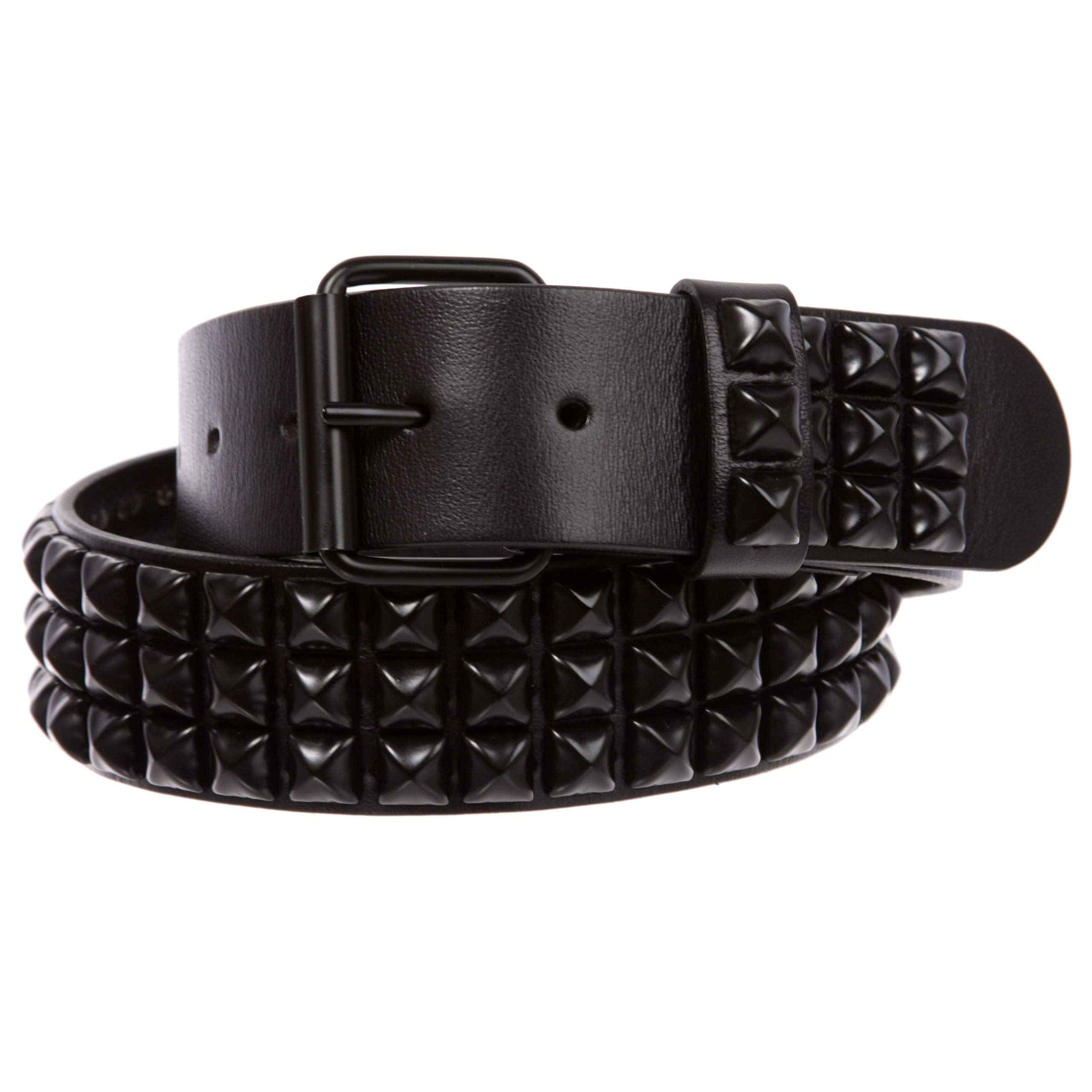 Three Row of Punk Rock Star Metal Black Studded Leather Belt, 38"