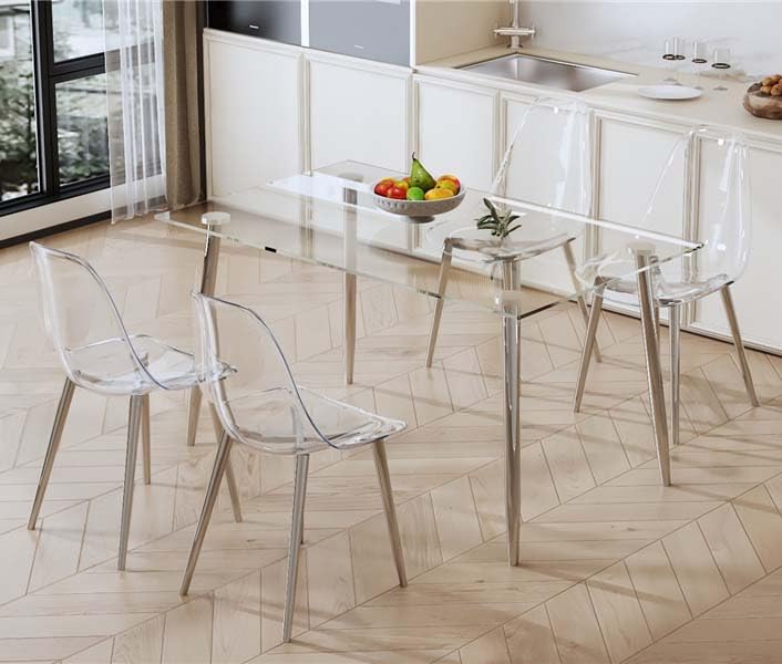 Ufurpie 5 Piece Dining Room Table Set, 51" Glass Kitchen Table & 4 Clear Chairs,Clear Dining Table Sets w/Chrome Legs, Pre Assembled Modern Glass Dining Table Set for 4(Silver)