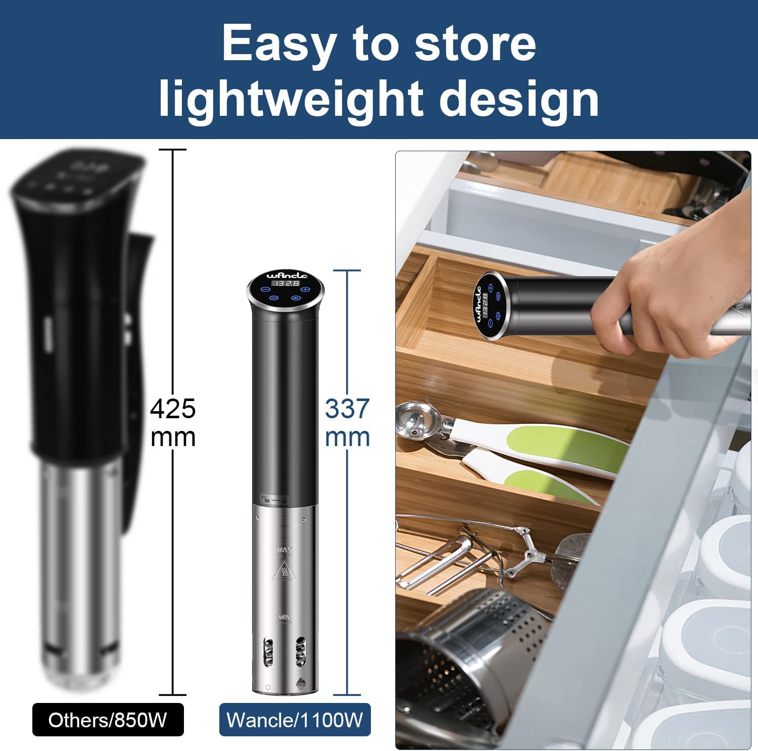 Sous Vide,Wancle Sous Vide 1100W Hight Power IPX7 Waterproof Precision Cooker Immersion Circulator, Small Size, Easy to Store (Sous Vide+Cookbook)