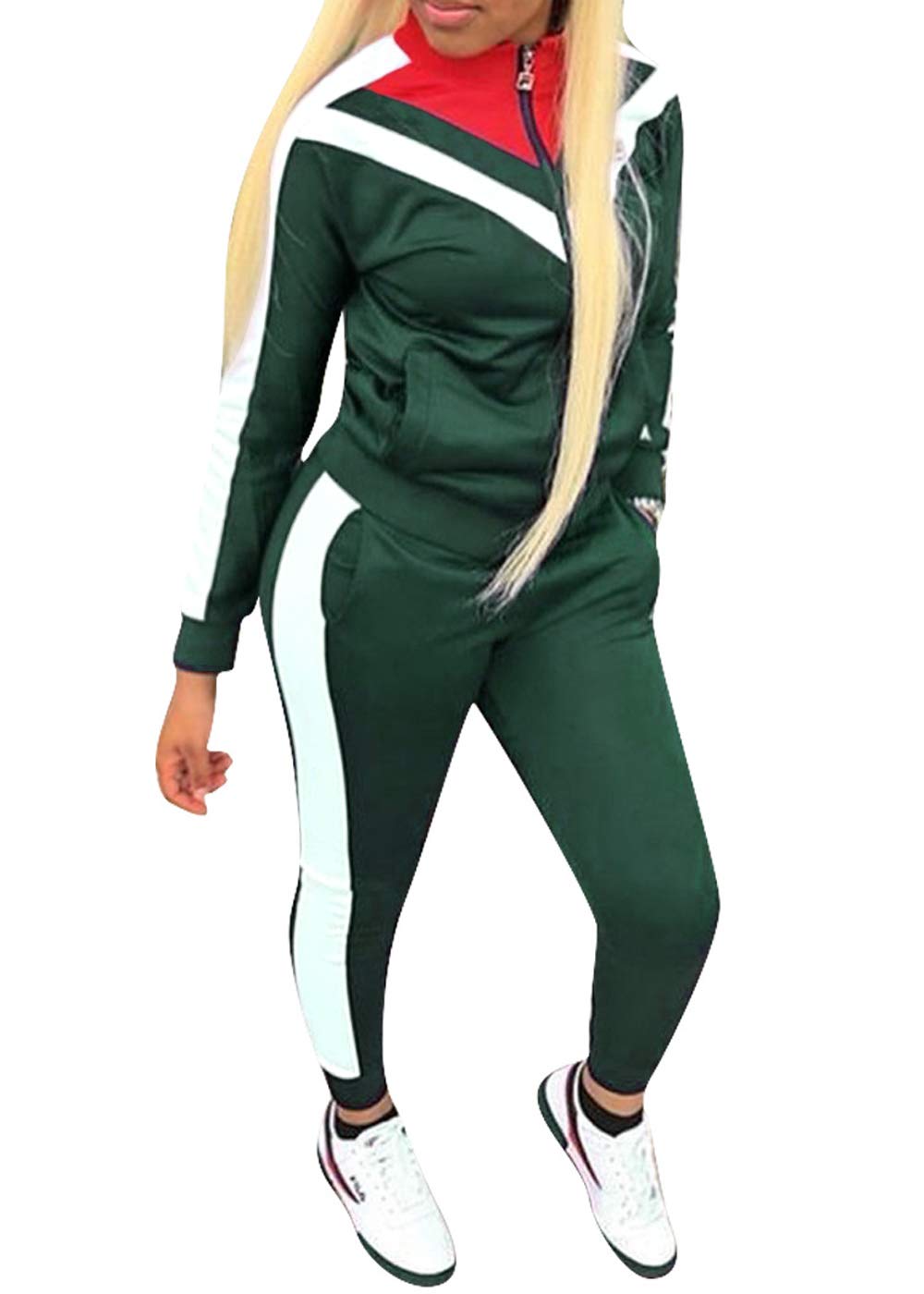 VNVNE Womens Color Block Tracksuit 2 Piece Outfits, Casual Long Sleeve Full Zip Jacket and Pants Sport Set Sweatsuits (Navy, M)