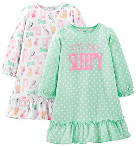 Simple Joys by Carter's Girls' Fleece Nightgowns, Pack of 2, Mint Green Dots/White Cat, 4-5