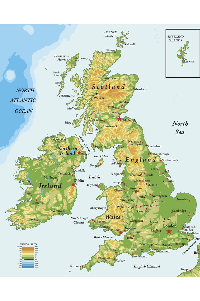 United Kingdom Ireland Scotland Topographical City Atlantic Ocean Map Cool Huge Large Giant Wall Art 36x54