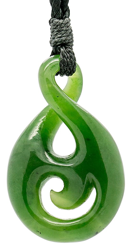 Traditional Style Green Nephrite Jade Infinity Twist Necklace with Koru Spiral