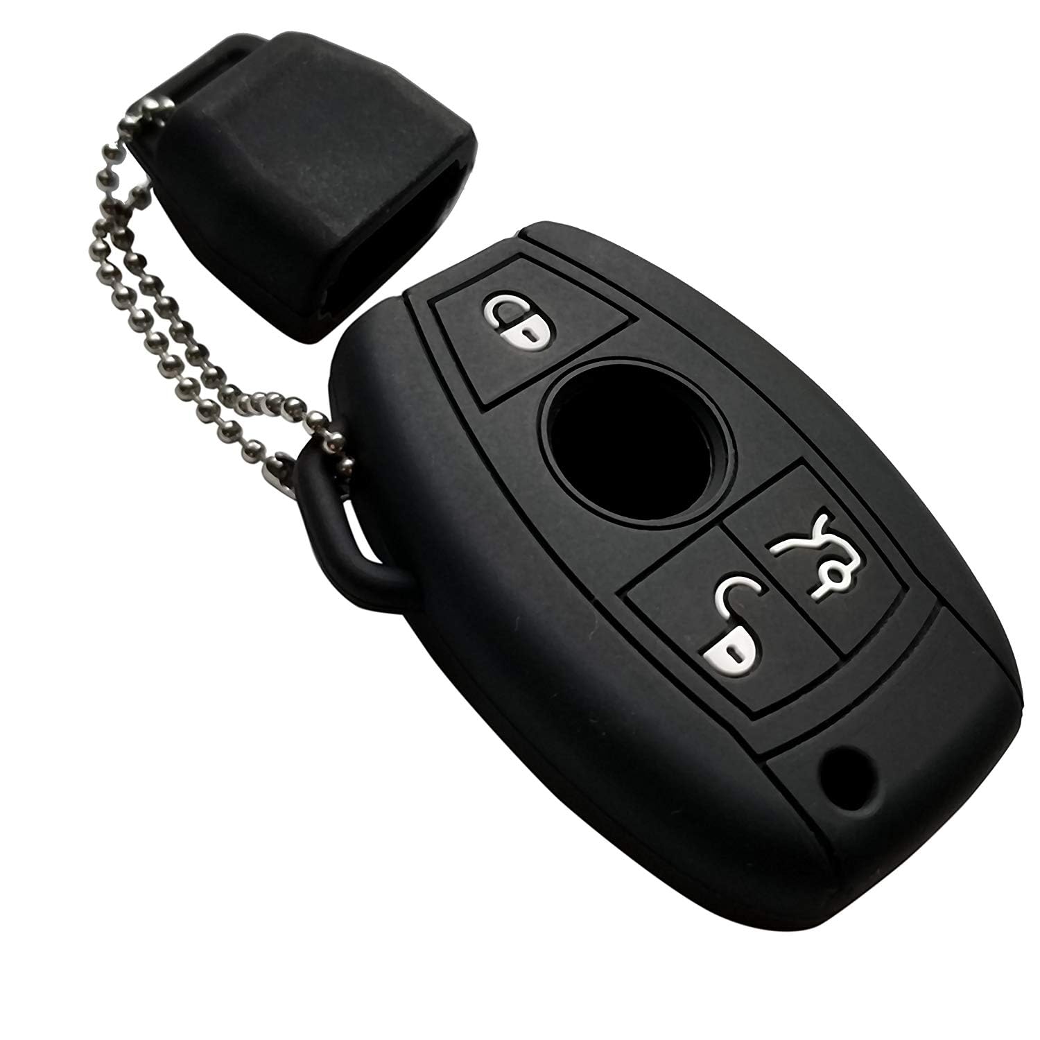Xotic Tech Black Soft Silicone Key Fob Shell Cover Case w/ Keychain, Compatible with Mercedes Benz C E R S M GLK CLA CLK GLS W164 W204 W205 S204 S205 W212 W221 3-Button Smart Keyless Entry Key