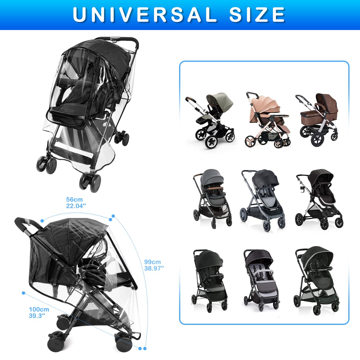 Zooawa Stroller Rain Cover, Universal Size Baby Christmas Travel Weather Shield Food Grade EVA Plastic Waterproof Windproof Dust Resistant Stroller Raincover for Jogger Stroller Buggy Pram - Clear