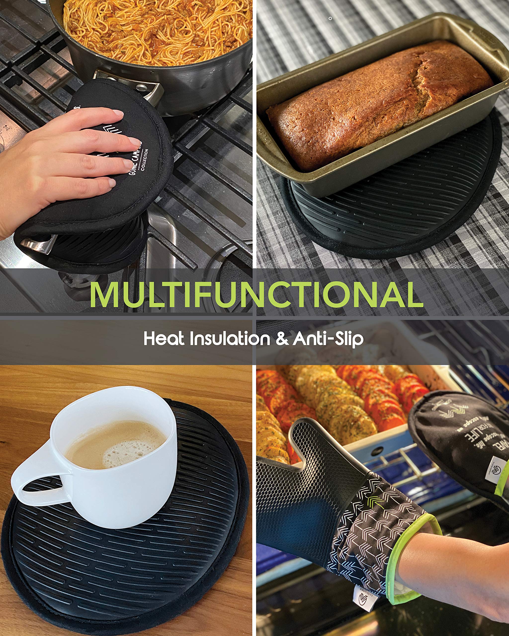 Trailersphere Silicone Oven Mitt and Pot Holder Set, Gone Camping Collection, Non-Slip Grip, Heat Resistant with Hanging Loops, Perfect for RV Kitchens and Camping, Modern and Inspirational Design