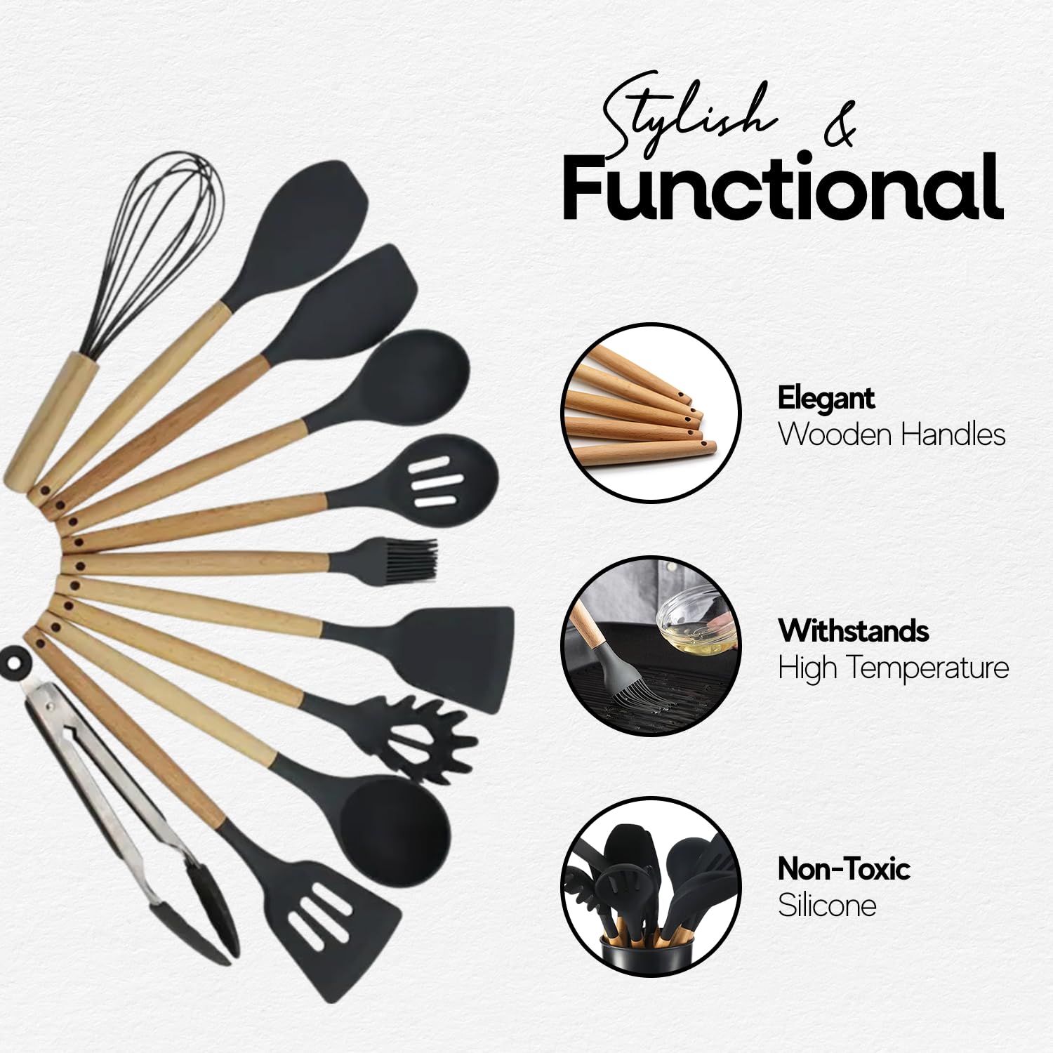 Silicone Cooking Set, 12 pcs Kitchen Utensils Set, Wooden Handle, Bucket Storage, High-Temperature Resistance, Scratch-Free, Cooking Spoons for Nonstick, Best Kitchen Tools, 1st Apartment Kitchen