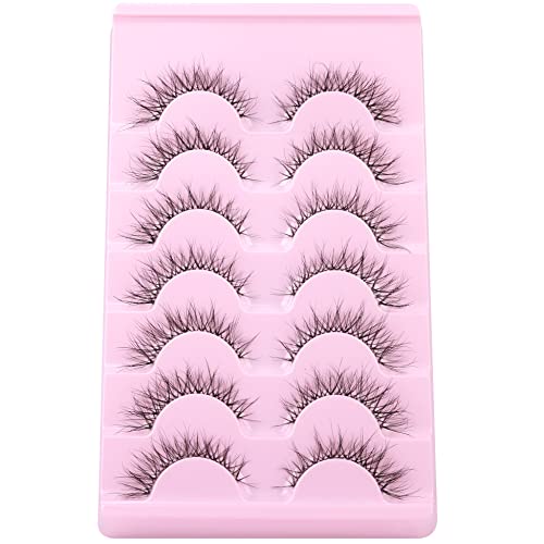 Wispy Lashes Natural Look False Eyelashes Clear Band Fluffy Faux Mink Cat Eye Lashes Pack 15mm 3D Light Fake Lashs that look like Extensions Soft Curly Lash Strips 7 Pairs