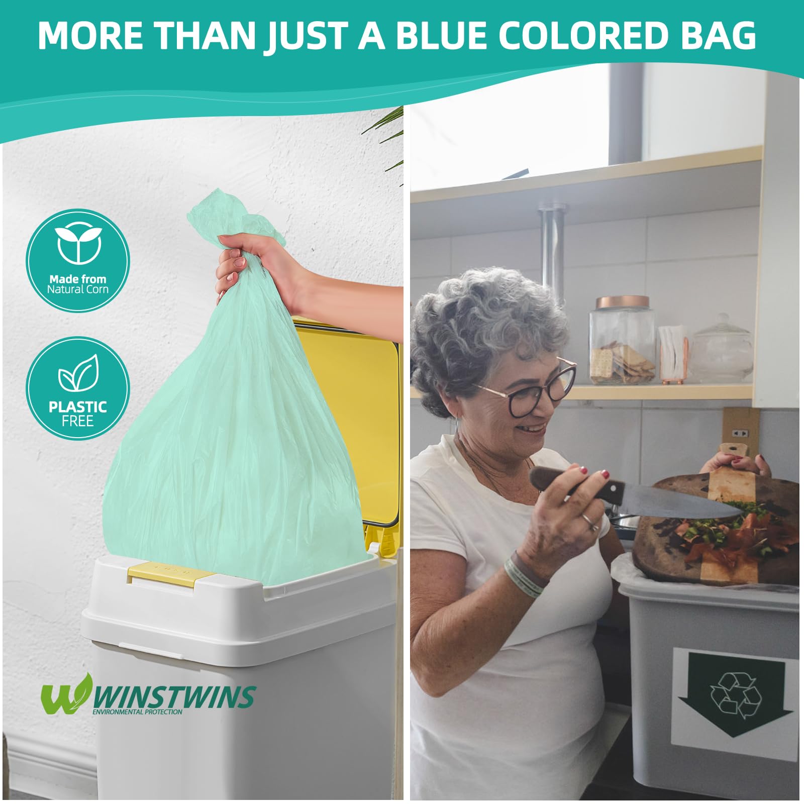 WINSTWINS Small Biodegradable Trash Bags, 4 Gallon Capacity, 110 Count, Blue