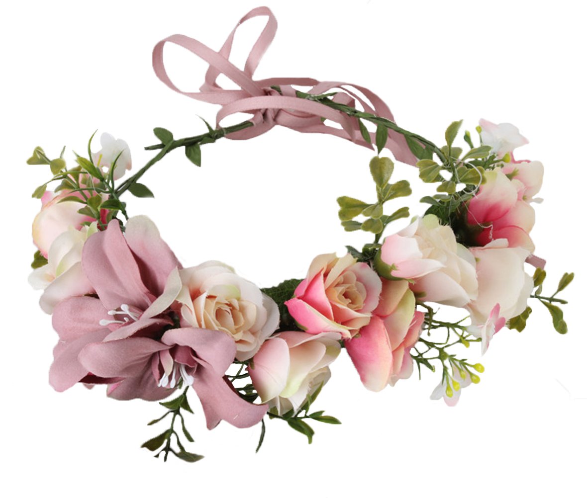 Vivivalue Women Flower Crown Bridal Flower Headband Hair Wreath Floral Headpiece Halo Boho with Ribbon Wedding Party Festival Photos Pink
