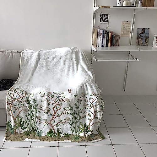 Throw Blanket,Flower Bird Plant Leaves Print White Super Soft Microfiber Warm Blanket for Couch Lightweight Blanket for Bed Chairs 50x60 Inch