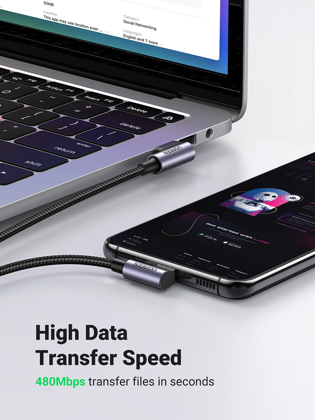 UGREEN USB to USB C Cable 90 Degree USB C Fast Charging Cord Compatible with iPhone 15/15 Plus/15 Pro/15 Pro Max/Samsung Galaxy S10/S10+/Pixel 7/6a/LG G8/G7/Pixel/Switch, etc, 1.6FT
