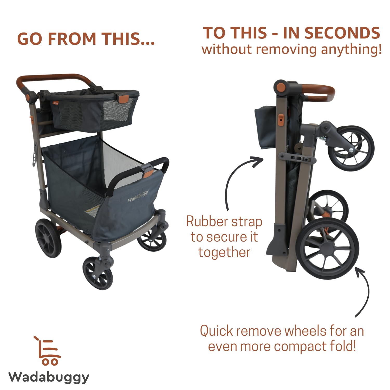 Wadabuggy Heavy Duty Folding Shopping & Utility Cart, Glides Effortlessly - Easy to Maneuver, Lightweight Push & Pull Behind Cart w/3 Storage Baskets