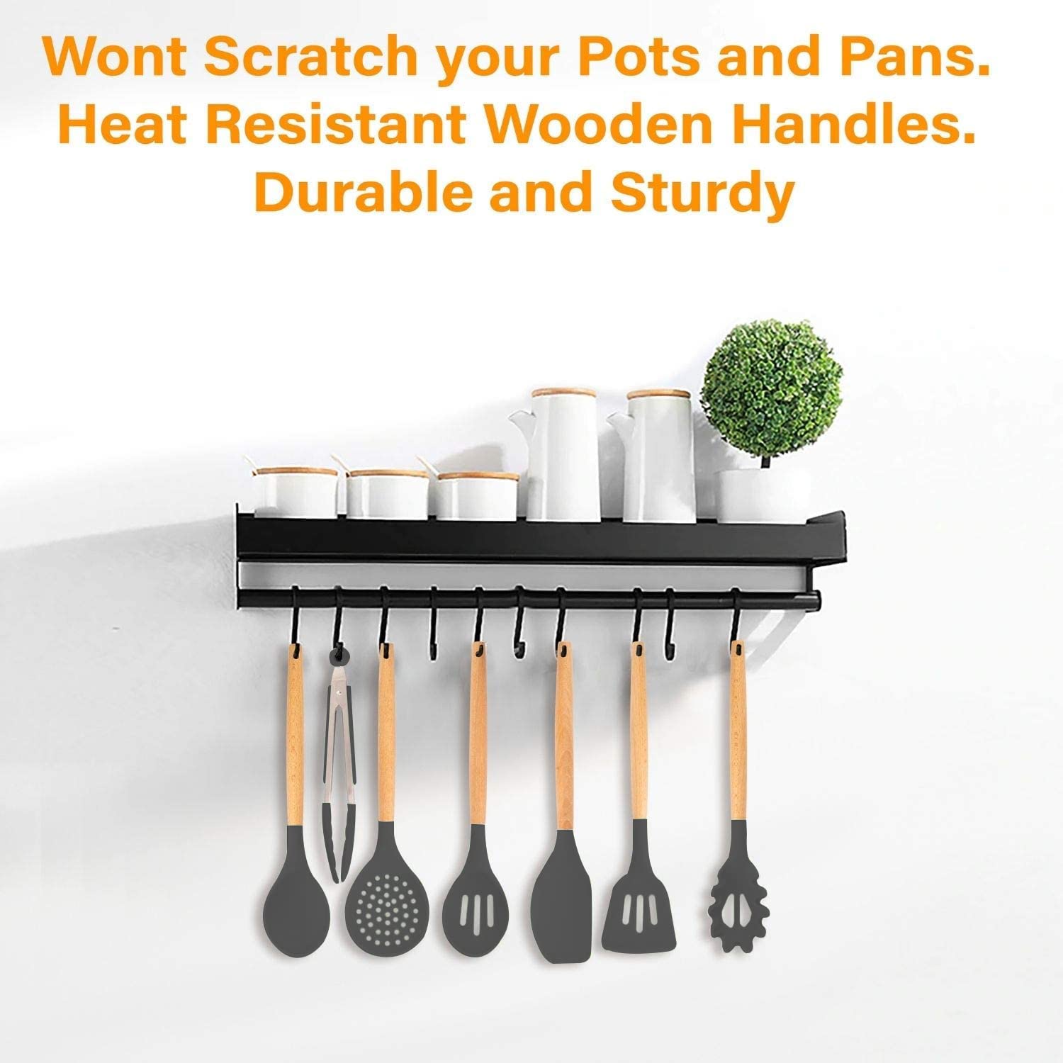 Silicone Cooking Kitchen Utensils Set with Holder. 13 Pc Black Cooking Utensils Set - Heat-Resistant Wooden Handles. BPA free Silicone. Non-stick Cookware