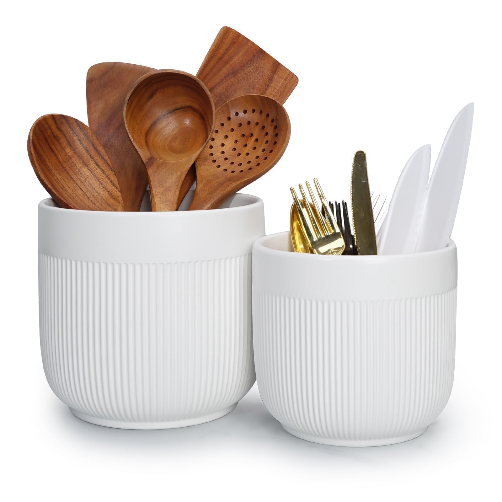 ZOEHROWS Utensil Holder, Set of 2 Large Ceramic Kitchen Utensil Holder for Countertop, Cooking Utensil Holder for Kitchen Counter, Morden Utensil Organizer for Spatula, Kitchen Decor,White