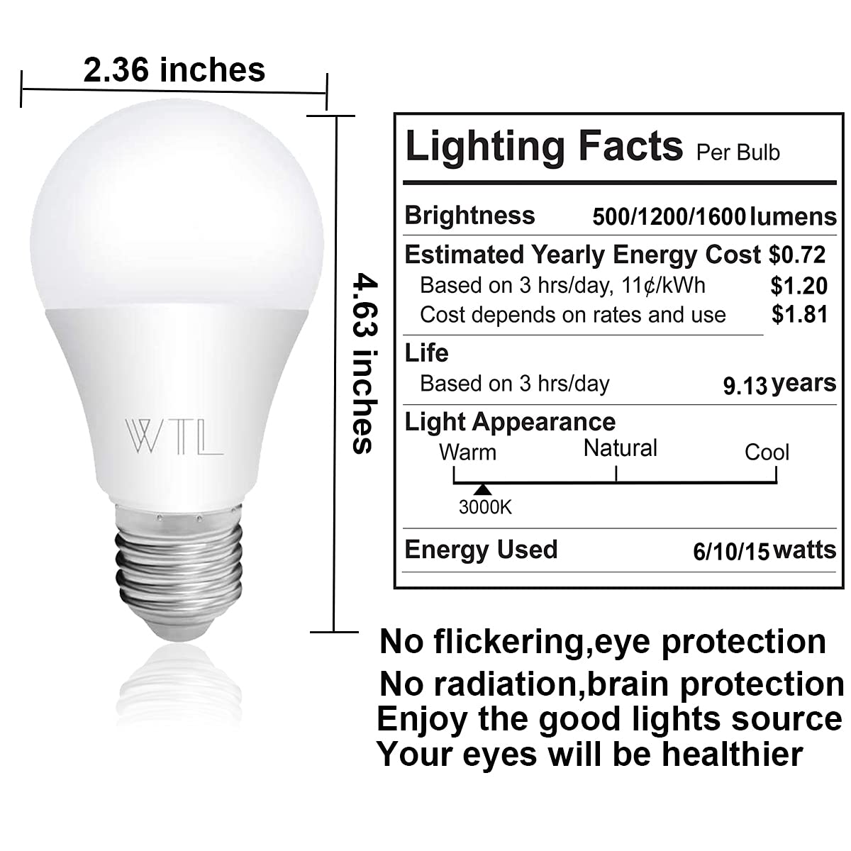 WTL A19 3 Way Bulb, 50/75/100W Equivalent (6W/10W/15W), 500/1200/1600LM, 3000K Warm White (2 Pack)