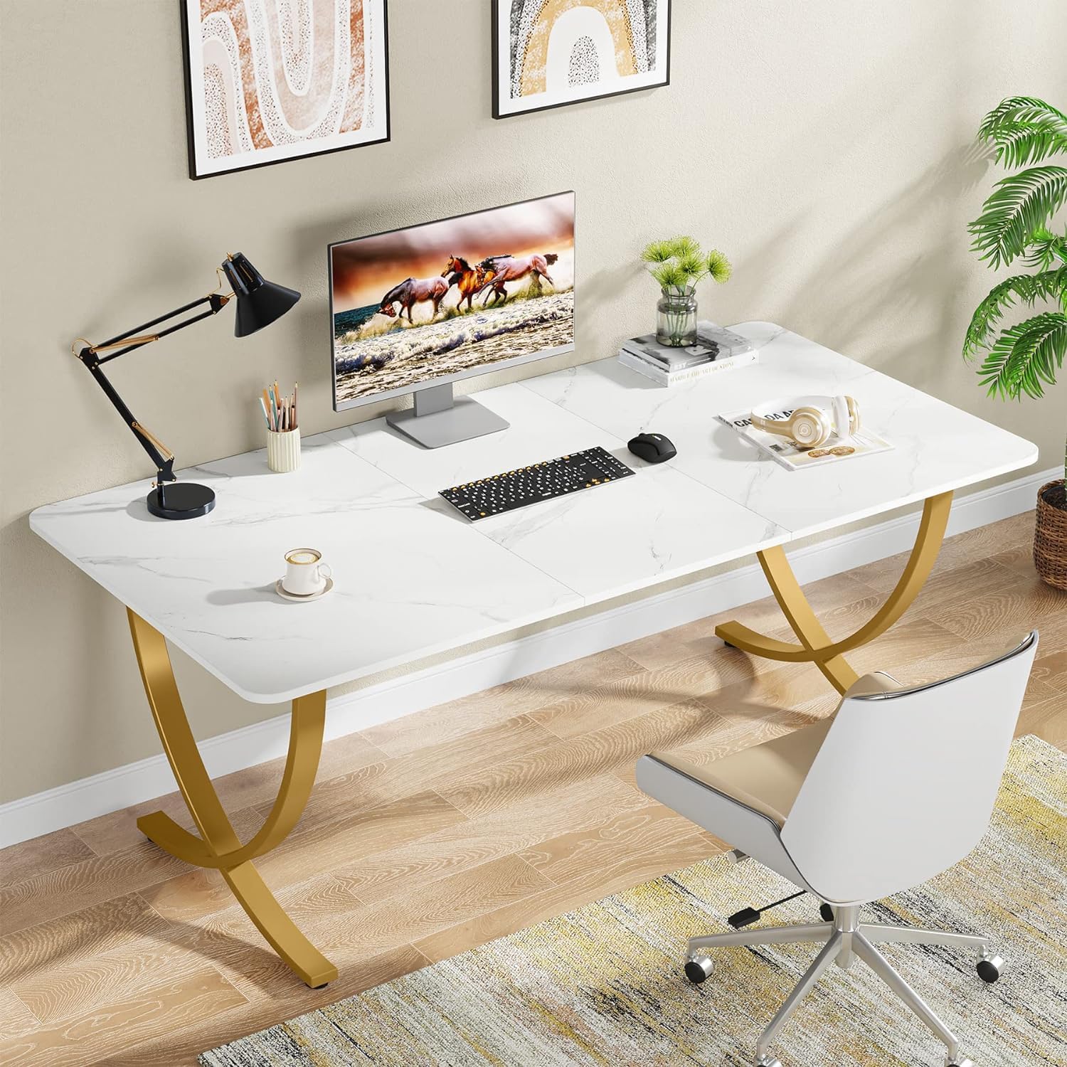 Tribesigns Executive Desk, 63β W x 31.5β D Large Office Desk, Modern Computer Desk Conference Table Meeting Room Table, Business Furniture for Home Office, White and Gold