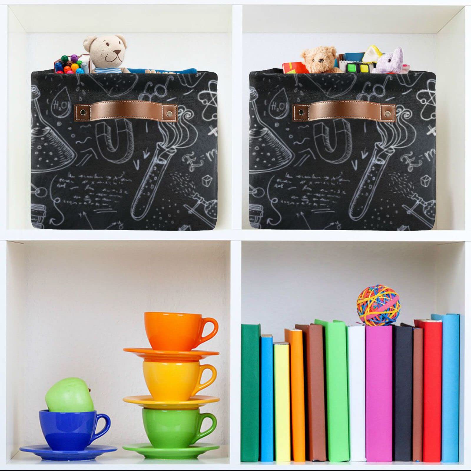 White Science Lab Objects Doodles on Chalkboard 1 PC Rectangle Storage Basket Collapsible Fabric with Leather Handles Bag Organizer Clothes for Home Bedroom 15 x 11 x 9.5 in