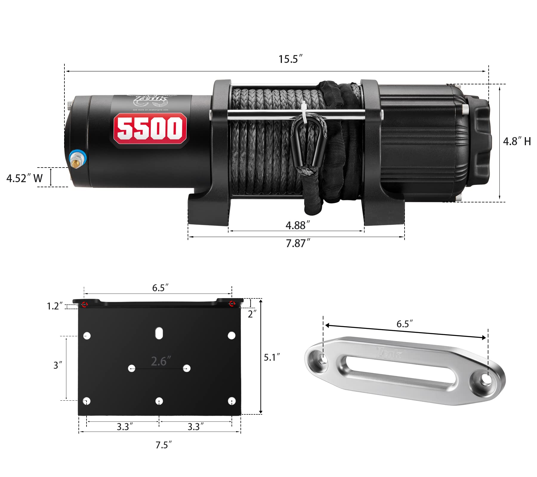 ZEAK 5500 lb Synthetic Rope Winch, with Wireless Remote Bracket, Handlebar Switch, for ATV UTV Powersports Off Road
