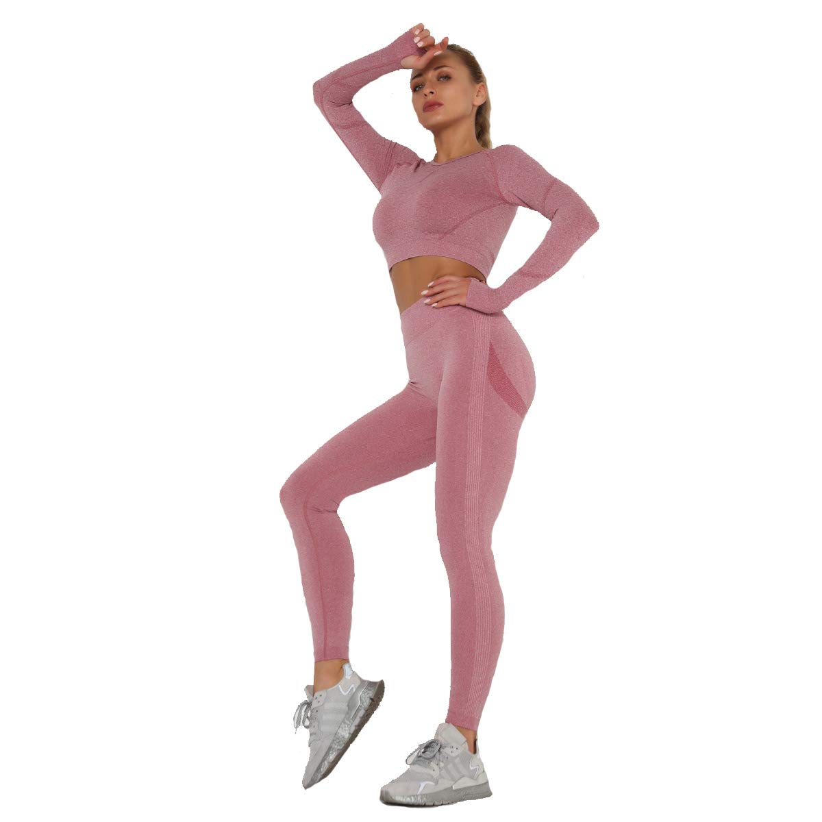 Workout Sets for Women 2 piece Long Sleeve and High Waist Leggings Pink