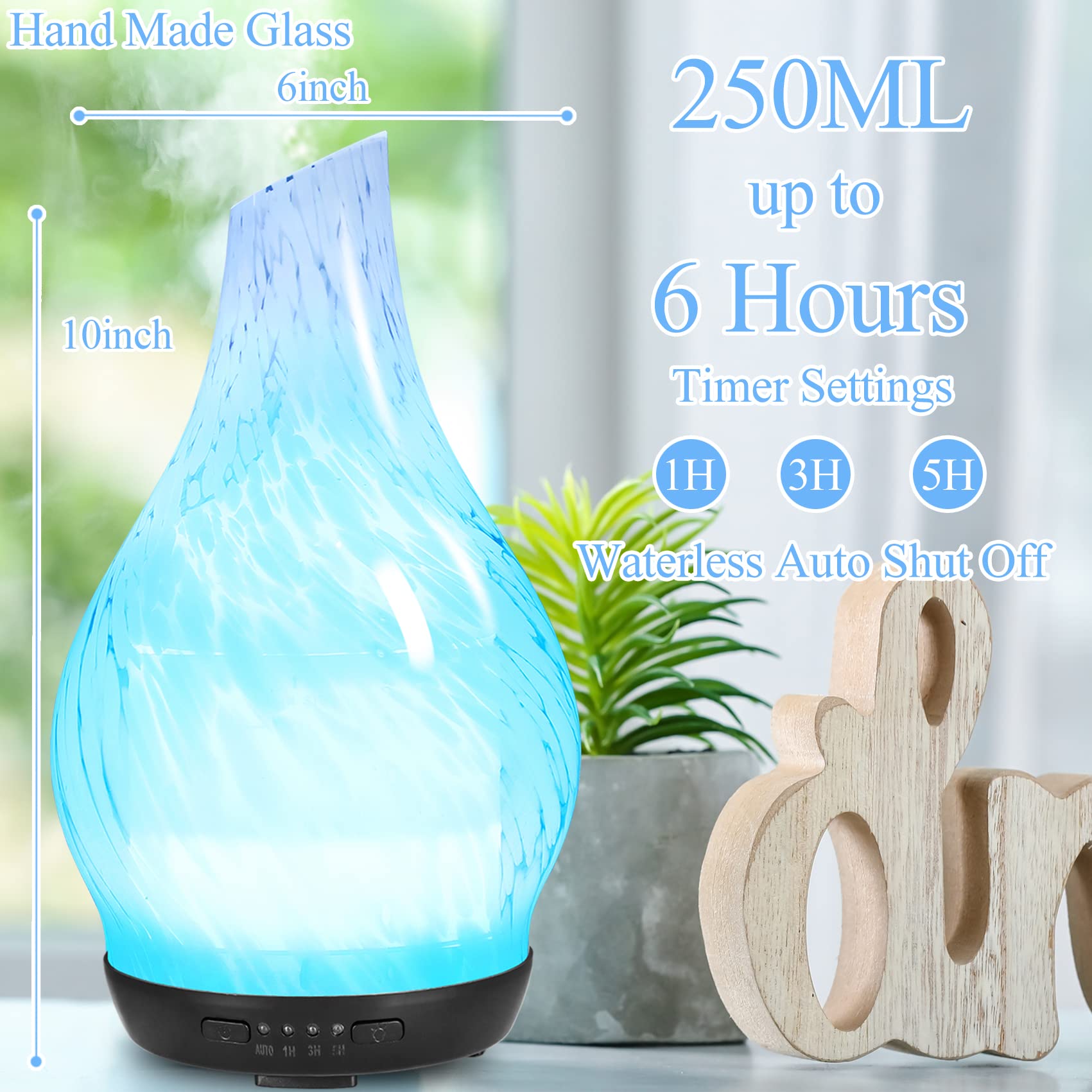 ZEERK Art Glass Essential Oil Diffuser, 250ML Ultrasonic Aroma Diffuser Quiet Cool Mist Humidifier for Home Gift, 7 Color Changing LEDs, Waterless Auto-Off, Timer Setting, BPA Free, White