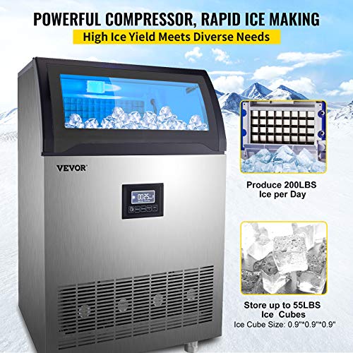 VEVOR Commercial Ice Maker Machine 200LBS/24H, 710W Stainless Steel Ice Machine with 55LBS Storage Capacity, 90 Ice Cubes Ready in 11-15Mins, Includes Water Filter and Connection Hose