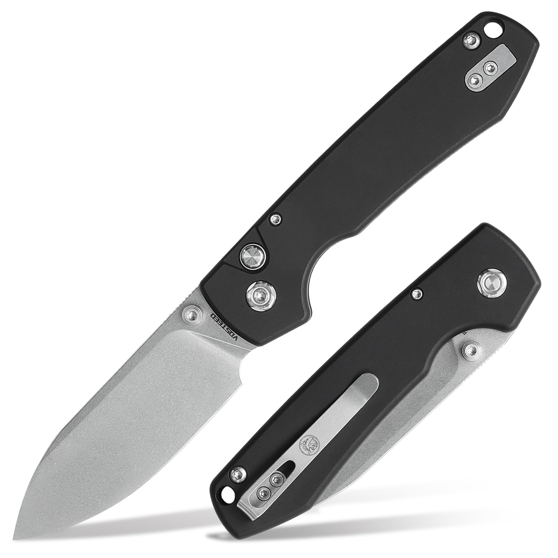 Vosteed EDC Knife, Lightweight Folding Pocket knife with Clip for Men and Women, Sharp Button Lock Knife with 3.25" Nitro-V Steel Blade, Aluminum Black Handle for Camping - Raccoon