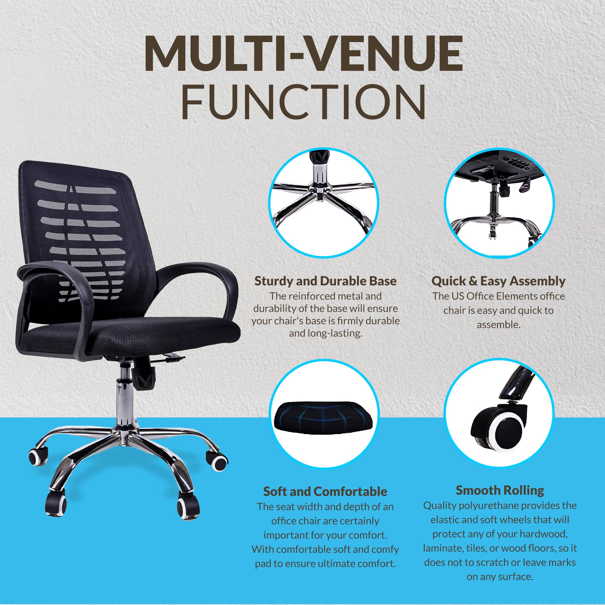 US Office Elements Ergonomic Office Chair with Lumbar Support | Computer Desk Chair with Arms | Adjustable 360 Swivel Chair with Arms (Black)