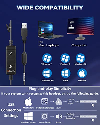 Wantek Corded USB Headsets Mono with Noise Cancelling Mic and in-line Controls, UC Business Headset for Skype, SoftPhone, Call Center, Crystal Clear Chat, Super Lightweight, Ultra Comfort (UC600)