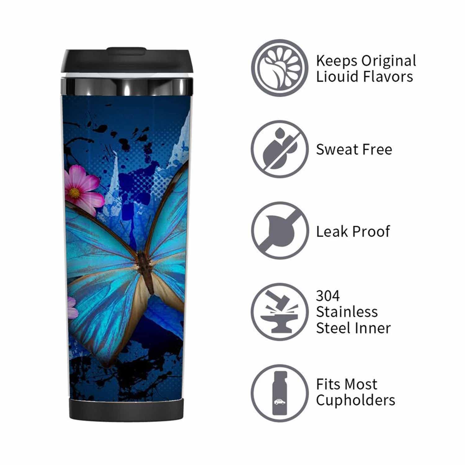 WONDERTIFY Floral Butterfly Coffee Cup Flowers Coffee Mug Stainless Steel Bottle Double Walled Thermo Travel Water Metal Canteen Blue Purple