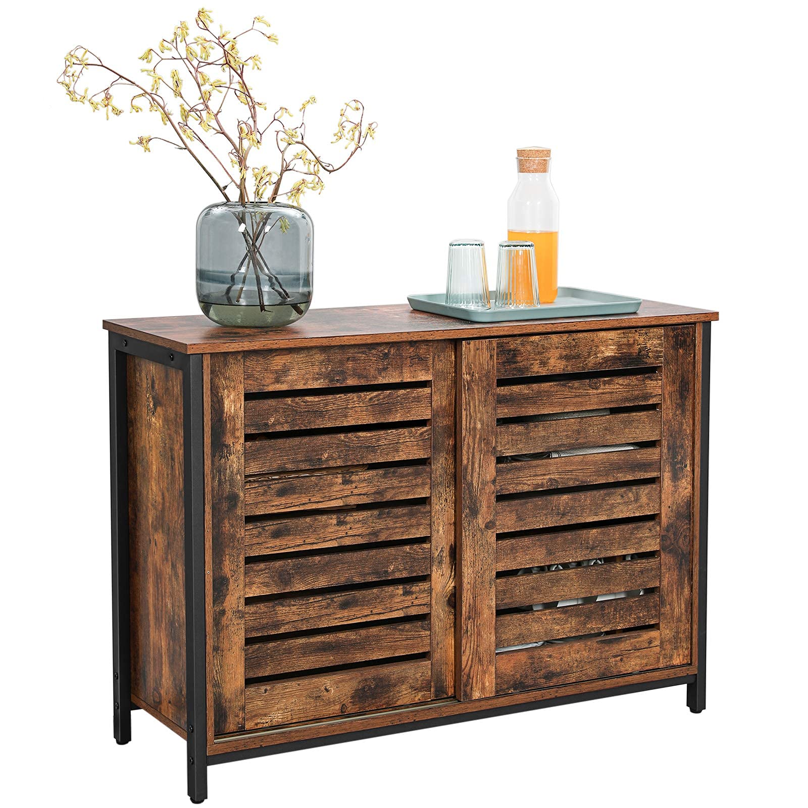 VASAGLE Lowell Sideboard, Kitchen Cabinet with Shutter Sliding Doors, Floor Storage Cupboard, Living Room, Hallway, 13.8" D x 39.4" W x 27.6" H, Rustic Brown