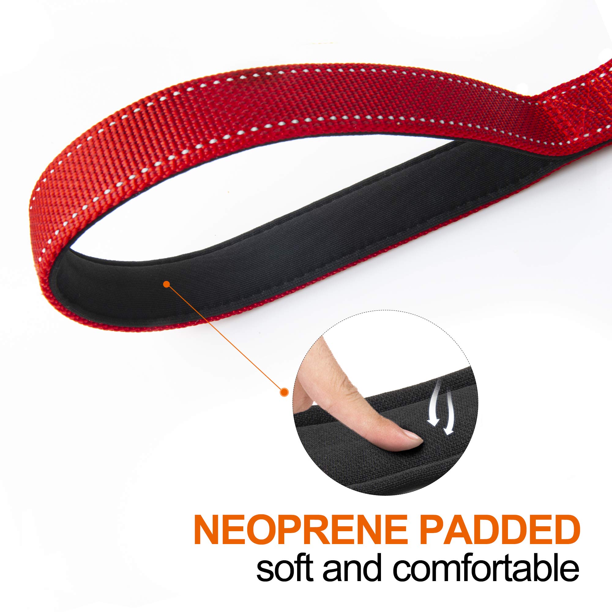 TwoEar 5FT 1IN Strong Red Dog Leash with 2 Padded Handles, Traffic Handle Extra Control, Comfortable Soft Dual Handle, Auto Lock Hook, Reflective Walking Lead for Small Medium and Large Dogs