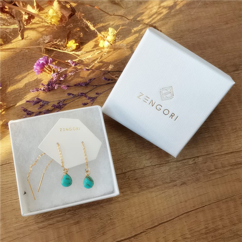 ZENGORI 1 Pair Gold Plated Teardrop Natural Turquoise Ear Threader Drop Dangle Earrings 3.5" G1345
