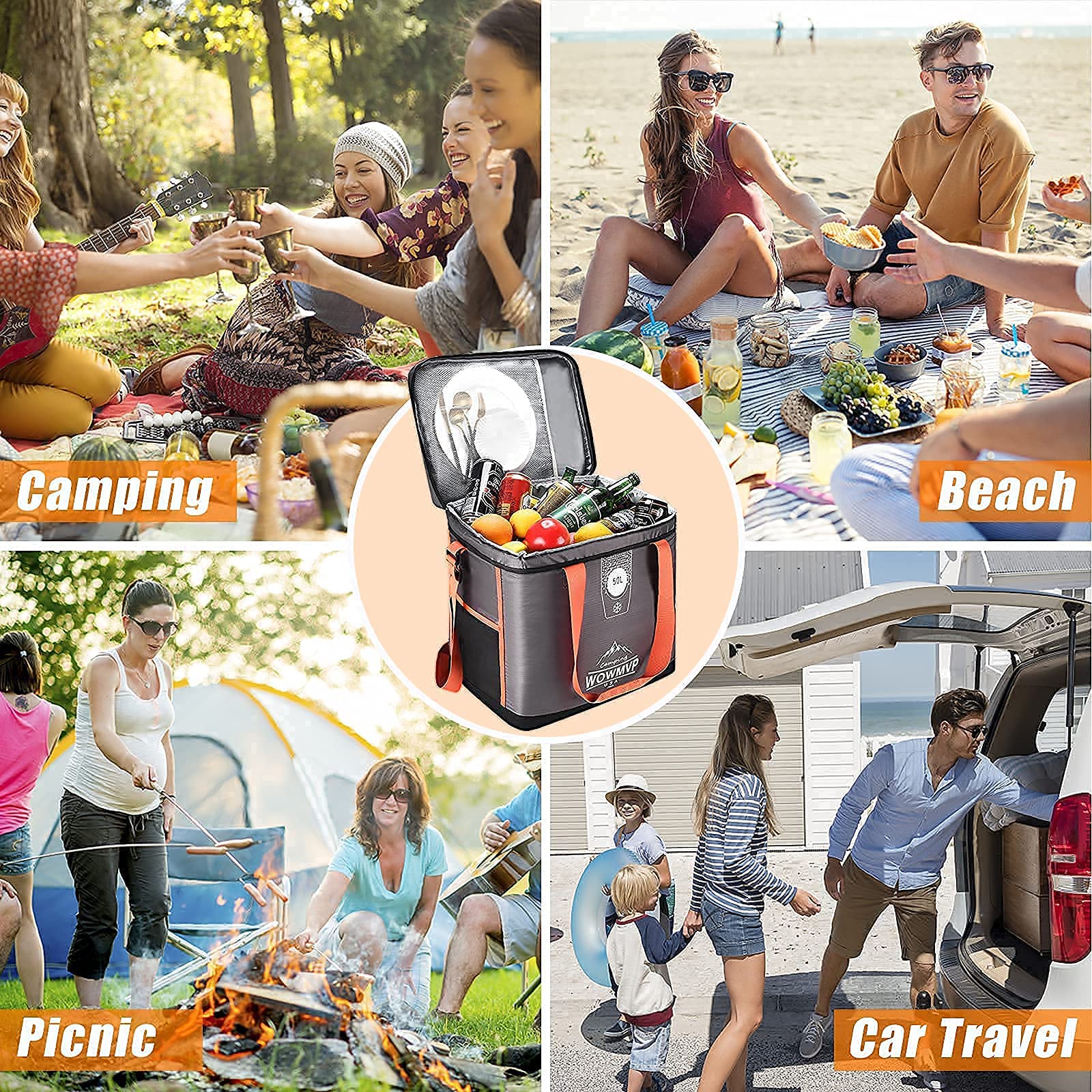 WOWMVP 50L Portable Cooler Bag with Advanced Insulation, Multiple Pockets, and Built-in Bottle Opener, Suitable for Picnics, Camping, Hiking, and Office Work