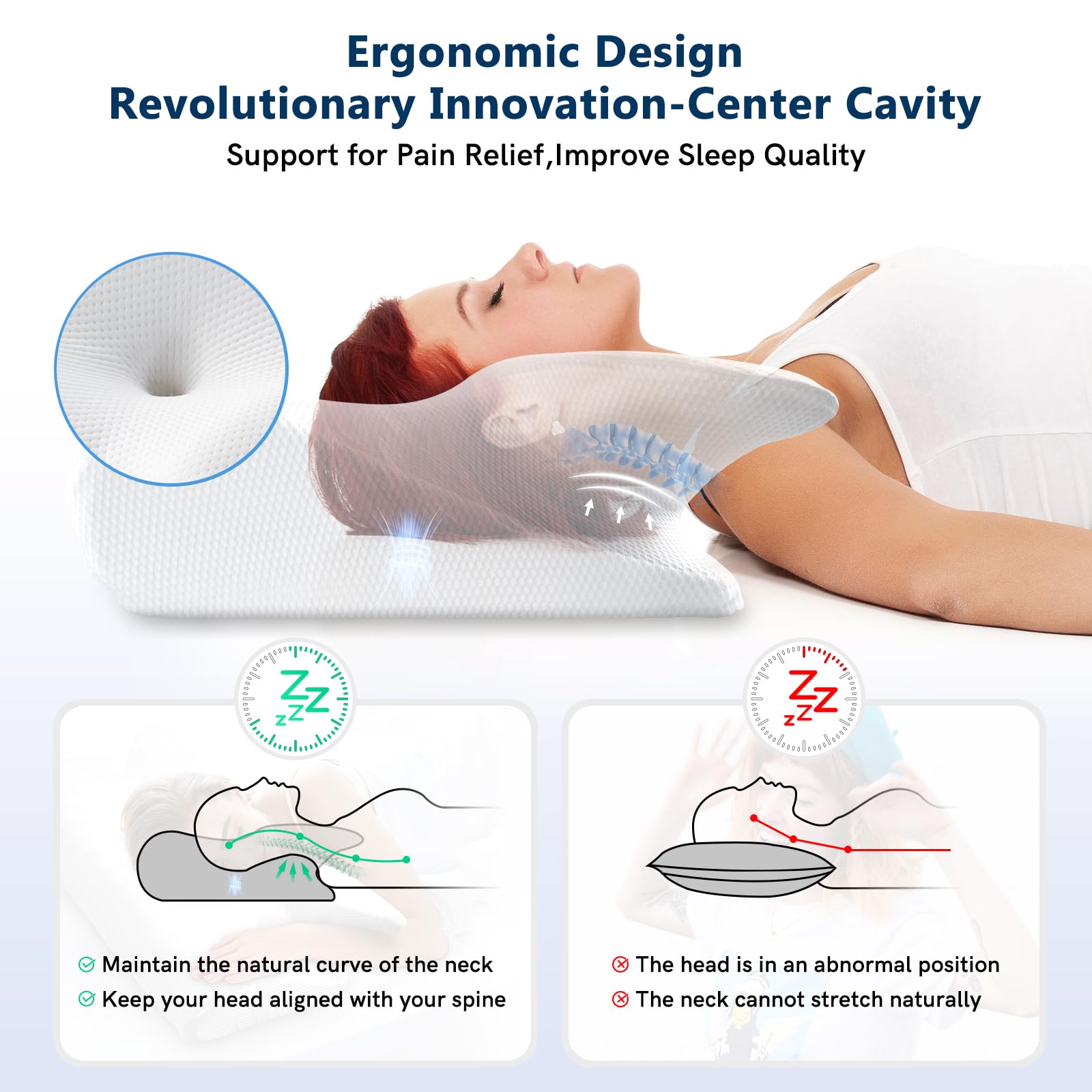 Vuteehy Cervical Neck Pillow for Pain Relief Sleeping, Ergonomic Memory Foam Pillow for Neck and Shoulder Pain, Orthopedic Contour Support Pillows for Side Back & Stomach Sleepers(2023), White